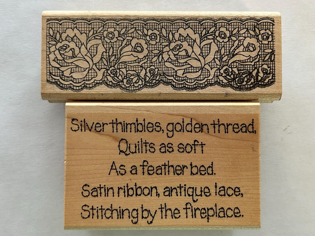 2 Vintage Rubber Stamps - Lace Border, Sewing Themed Poem - Very Genty ...