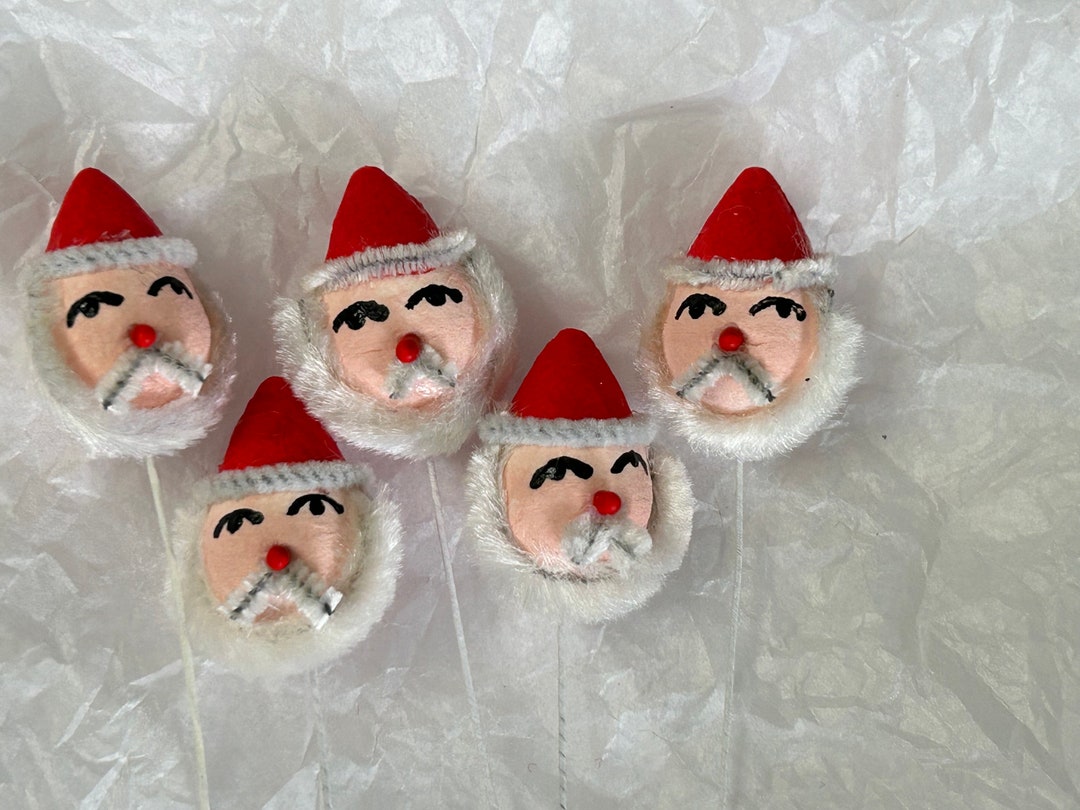 5 Handmade Christmas Picks Hand Painted Spun Cotton Santa Claus Heads ...