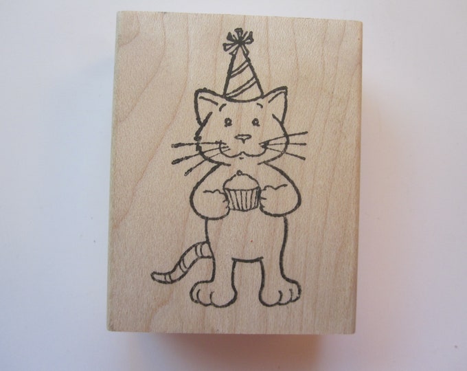 Rubber Stamp - Party Cat, Cat Holding Cupcake, Birthday Kitten - Gently ...