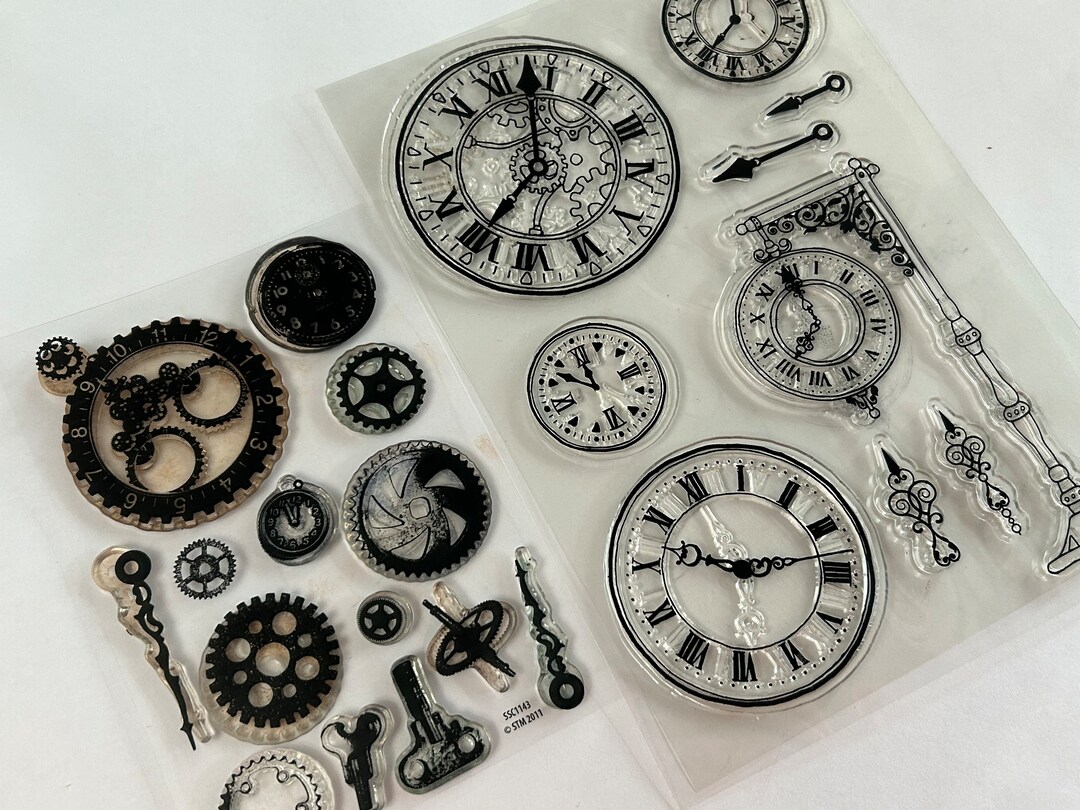2 Sets Clear Cling Mount Stamps Clocks, Gears, Steampunk Stamps Used ...