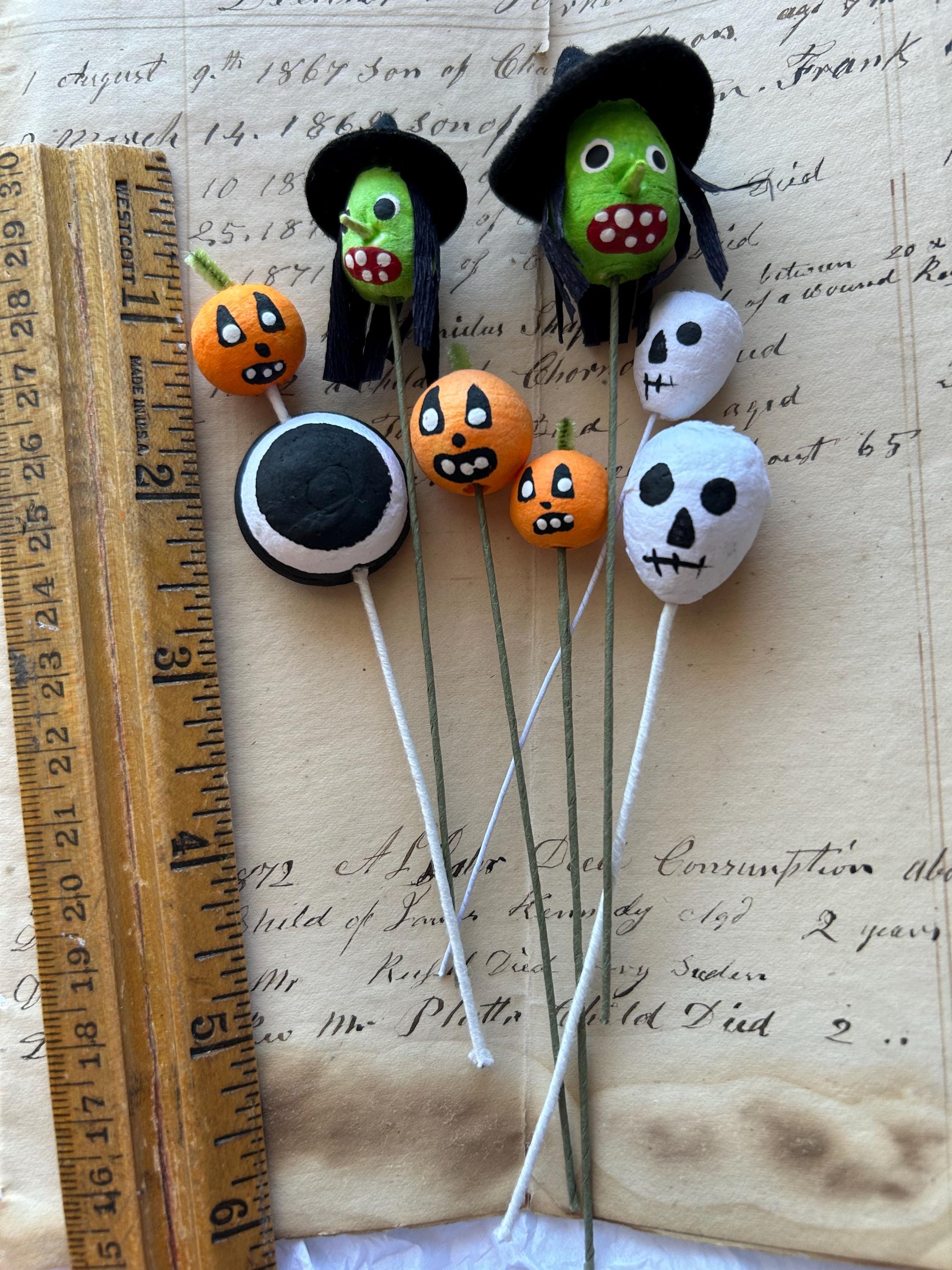 7 Handmade Halloween Head Picks - Hand Painted Spun Cotton Witches ...