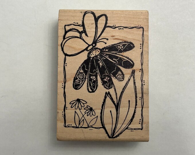 Rubber Stamp - Deco Daisy Stamp, Daisy With Butterfly, Magenta Flower ...
