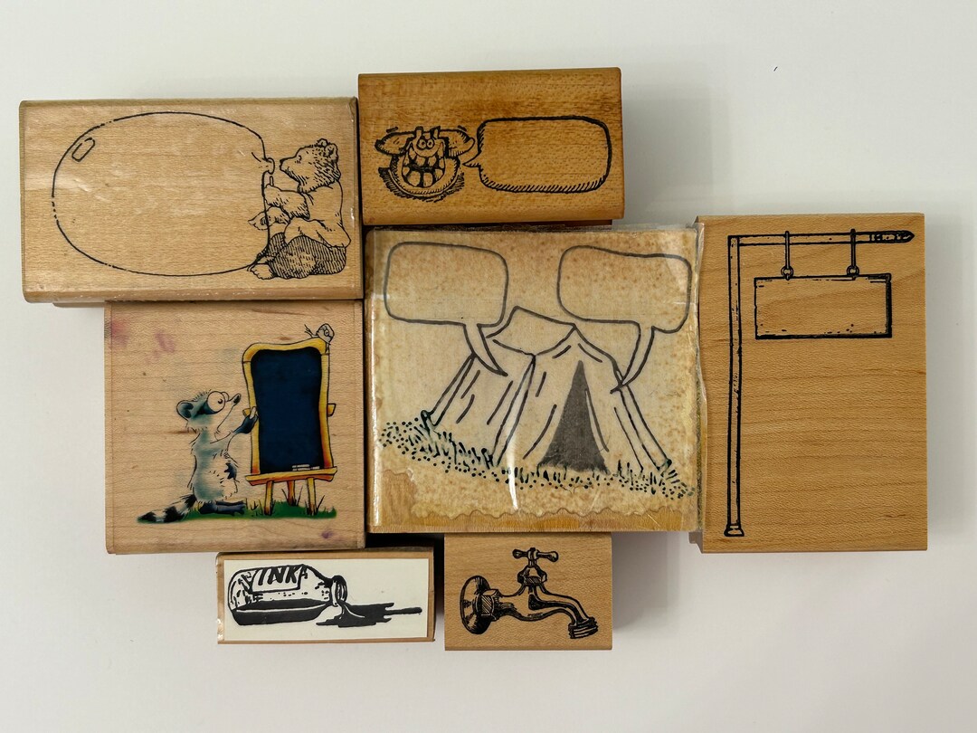 Rubber Stamp - YOUR CHOICE Sign, Raccoon, Tent, Faucet, Ink Bottle, and ...