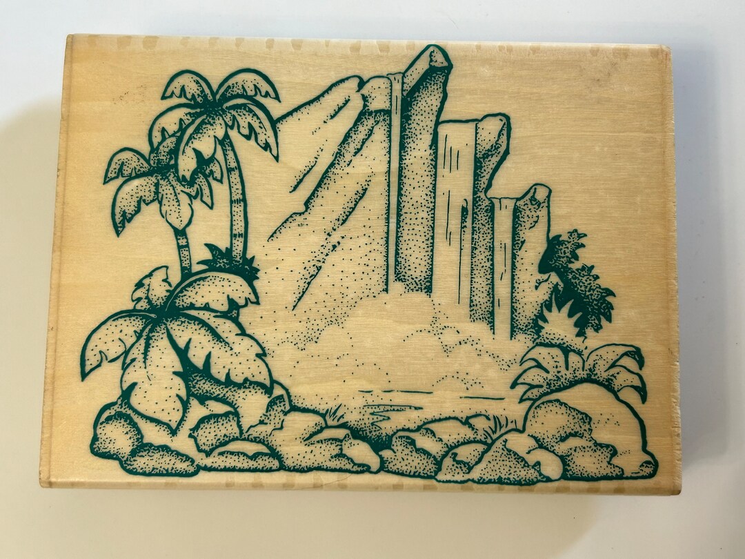 Vintage Rubber Stamp Stamp Oasis PARADISE Scene Waterfalls, Palm Trees ...