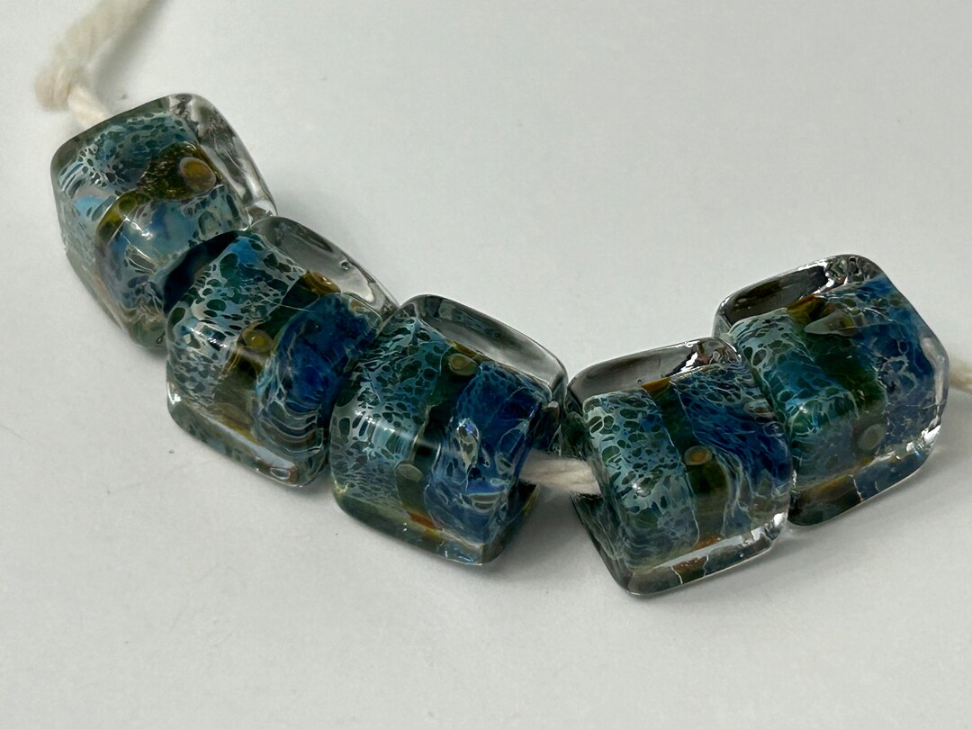 5 Handmade Lampwork Beads - Monet Blue Cubes Set by Artist Catherine ...