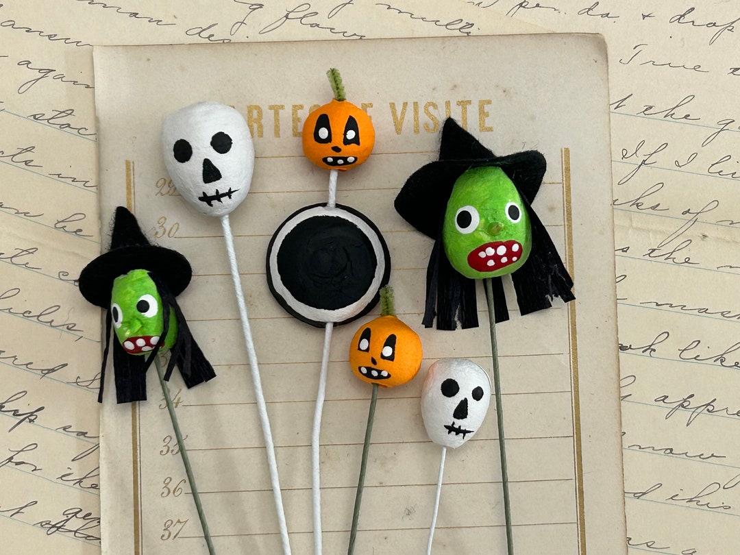 6 Handmade Halloween Head Picks - Hand Painted Spun Cotton Witches ...