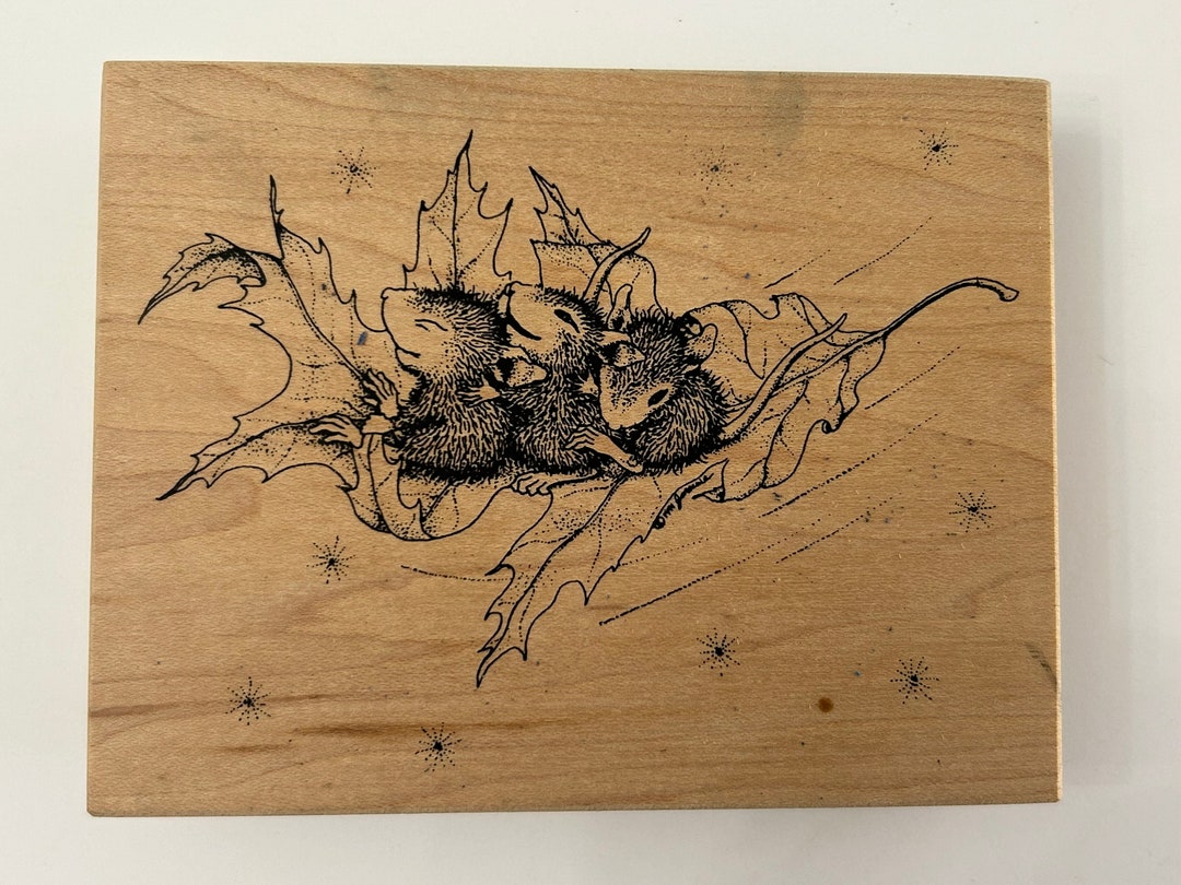 Rubber Stamp - House Mouse Stamp - 3 Mice Floating on Leaf - Stampa ...
