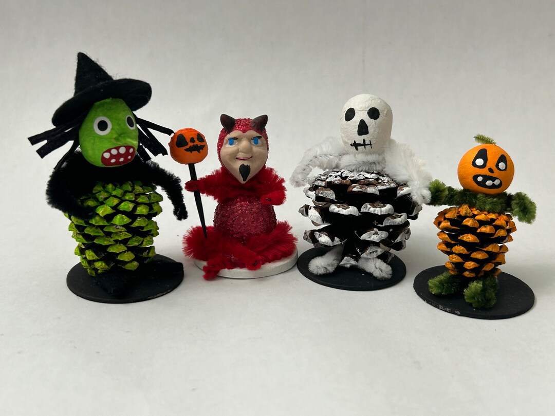 4 Handmade Miniature Halloween Figurines - Witch, Devil, Skeleton and ...
