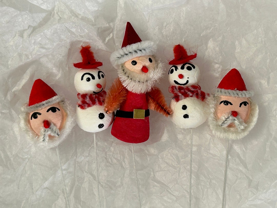 5 Handmade Christmas Picks Hand Painted Spun Cotton Santa Claus, Santa ...