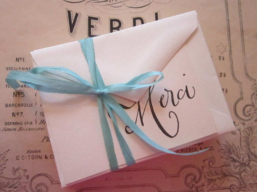 20 Petite MERCI Cards With Envelopes Aqua Ribbon, Flat Cards, Hand ...