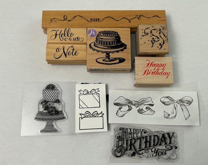 12 Stamps - Cake, Party, Happy Birthday Theme, Bow, Gift Box, Confetti ...