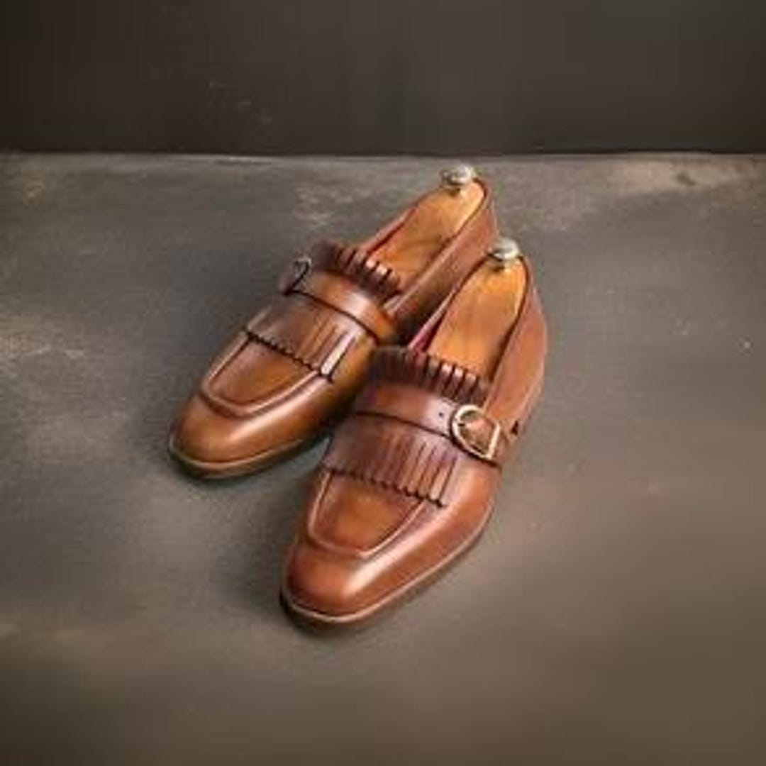 Handmade Men's Fringes Monk Strap Square Toe Dress Shoes, Real Leather ...