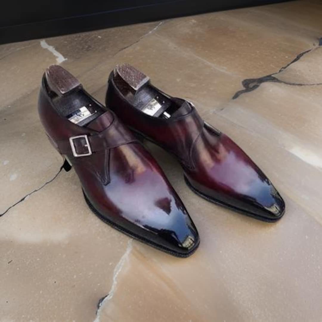New Handmade Men's Burgundy Leather Single Monk Chiseled Toe Formal ...