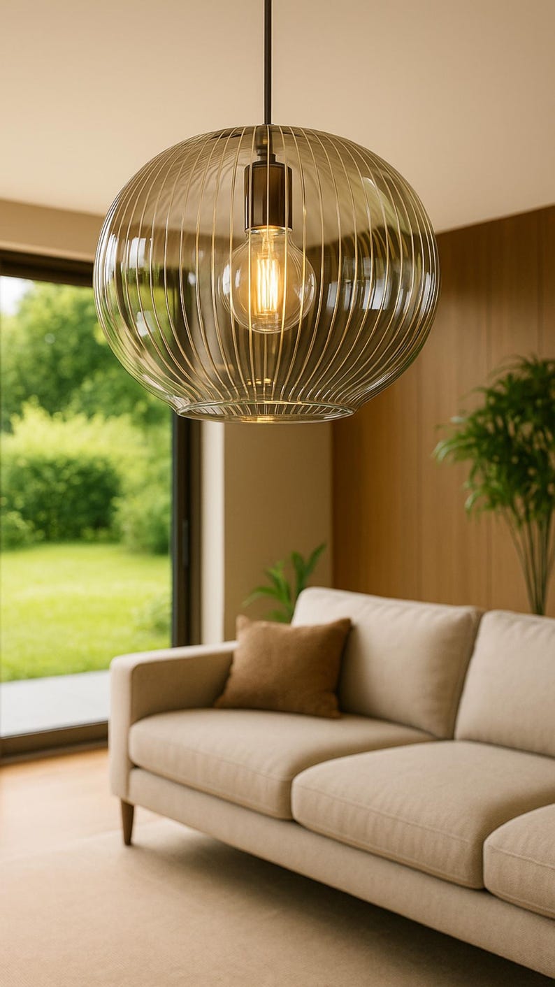 Handblown Ribbed Glass Globe Pendant Light: Modern Artisan Lighting - Etsy