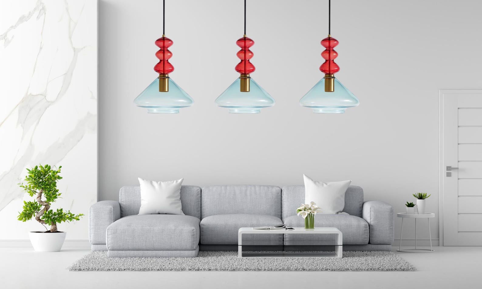 Hand Blown Glass Pendant Light, Aqua Blue & Red , Brass Socket - Etsy