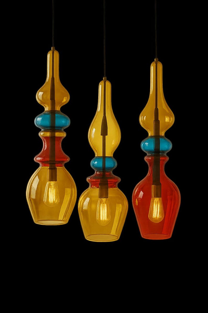 Lámpara colgante de vidrio soplado a mano, iluminación de isla moderna, ámbar, verde azulado y ...