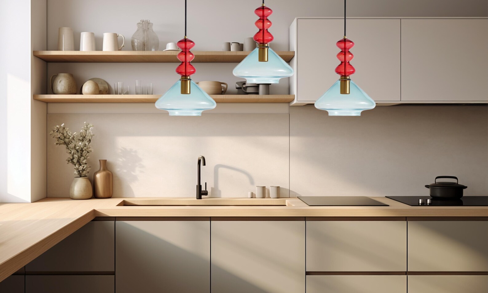 Hand Blown Glass Pendant Light, Aqua Blue & Red , Brass Socket - Etsy