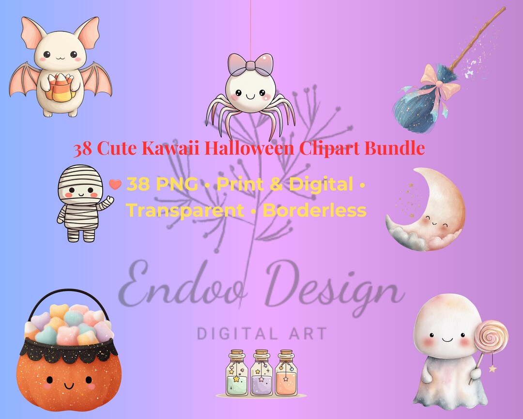 Kawaii Halloween Clipart Set: Pastel Ghosts, Pumpkins, Cats (PNG ...