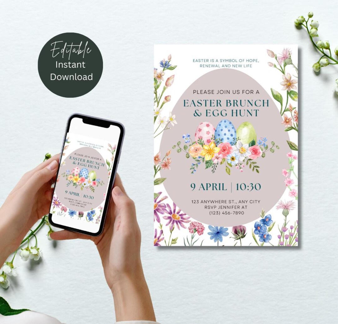 Editable Easter Party Digital Invite Template, Printable Pastel Easter ...