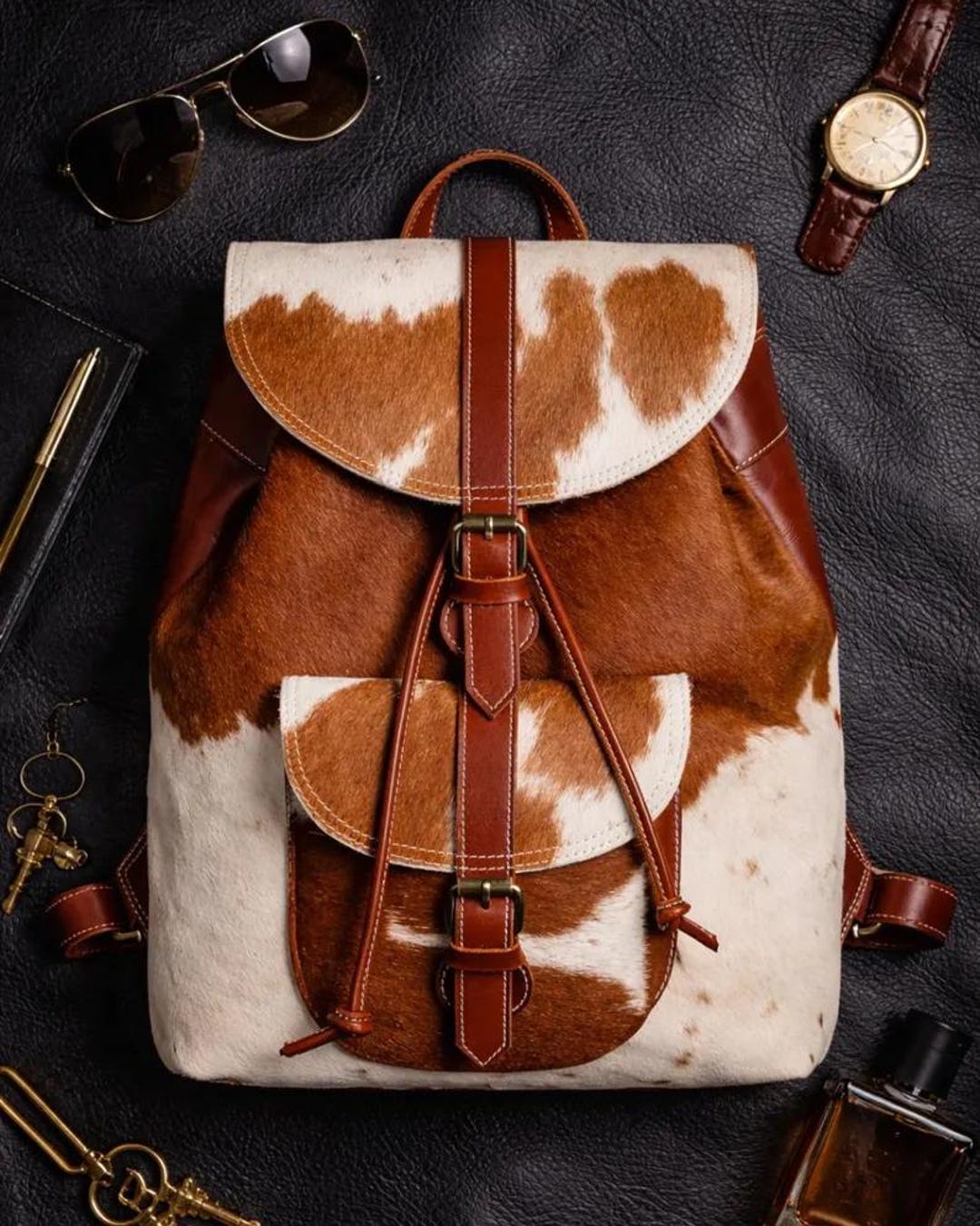 Rustic Tan & White Hair-on Cowhide Leather Backpack Handmade Western ...