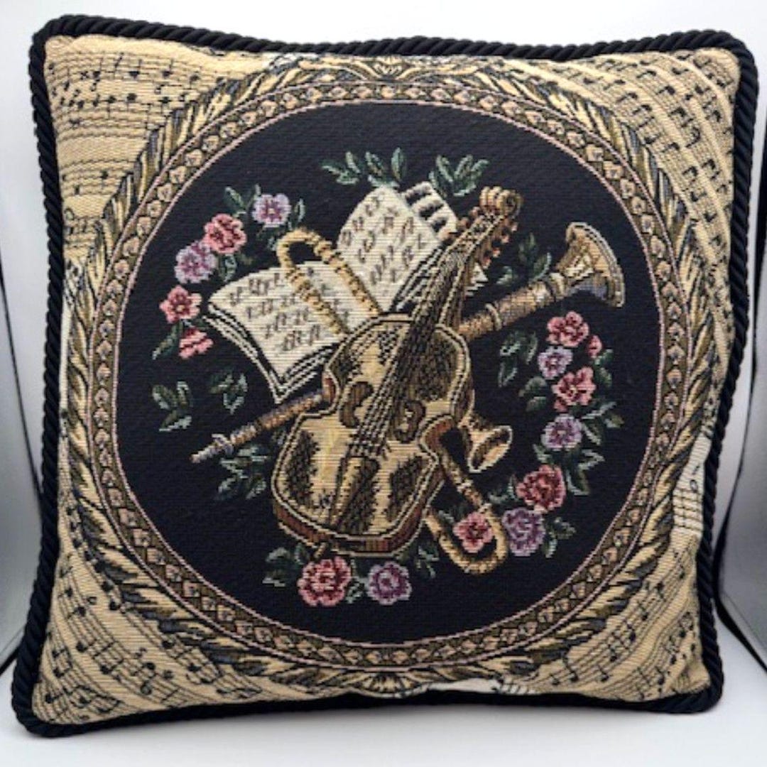 VTG Tapestry Violin & Musical Notes Pillow Tan/black Rope Trim 18X18 ...
