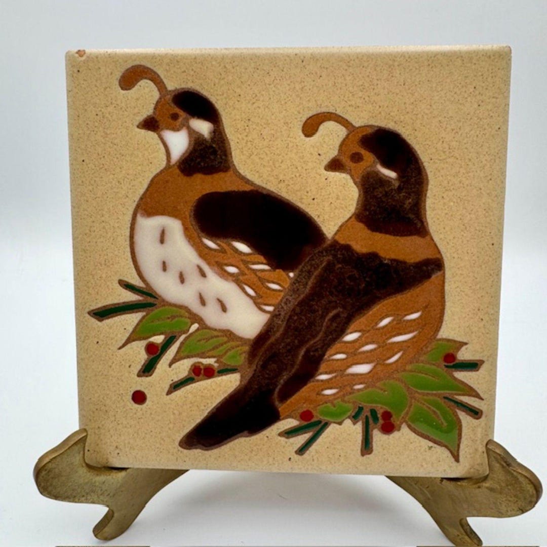 Vtg QUAIL WITH HOLLY 6X6 Terracotta Tile Trivet Art Made in Italy Gloss ...