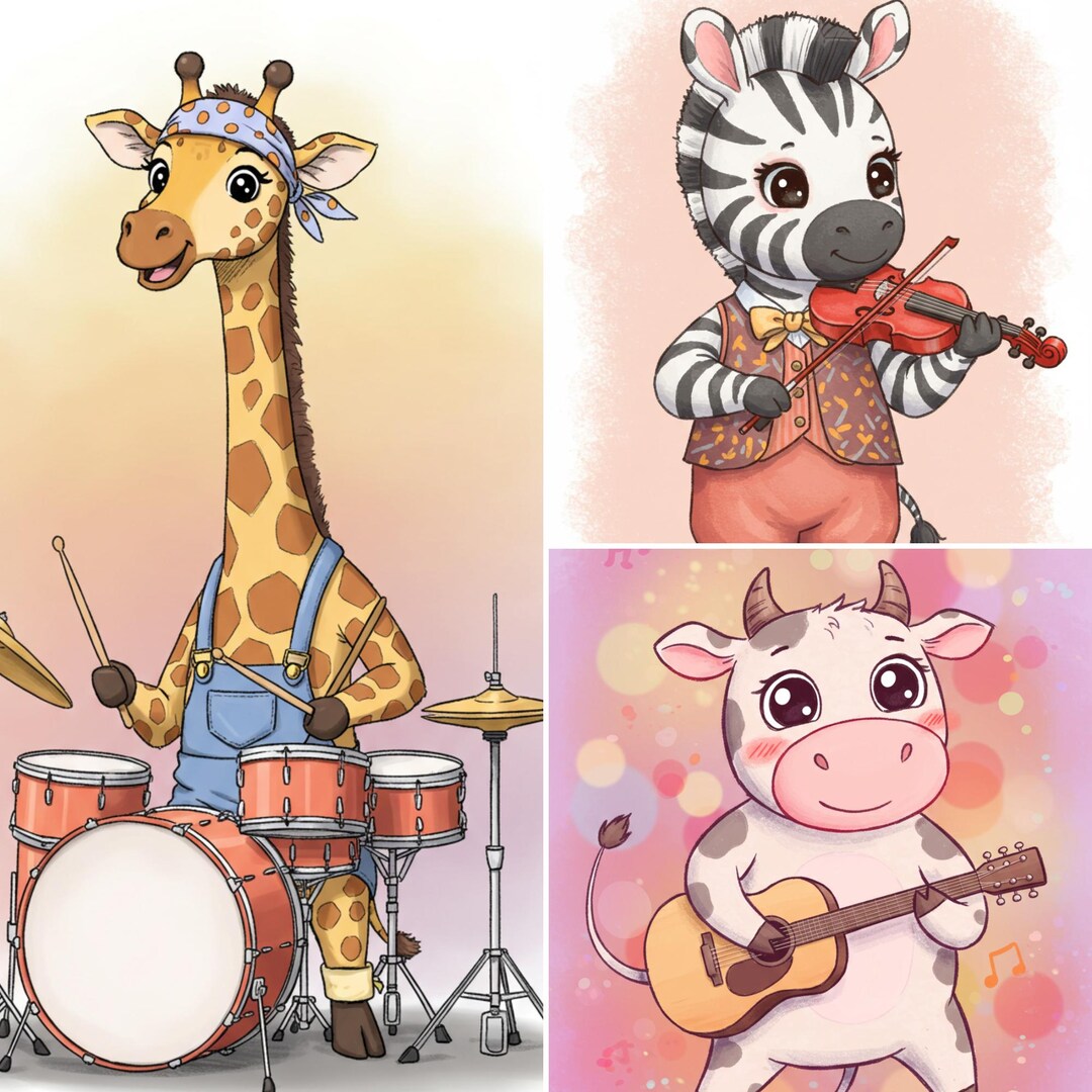 Musical Animals Nursery Print | Giraffe, Zebra, Cow (digital Download ...