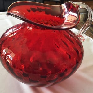 Gorgeous Hand Blown Red Glass Pouring Pitcher W/clear Glass Handle - Etsy