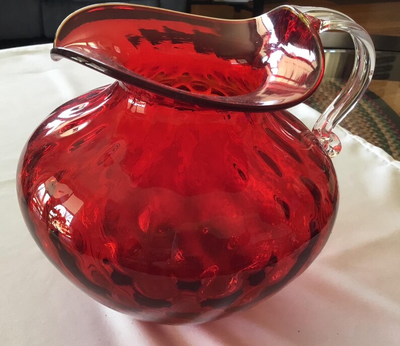 Gorgeous Hand Blown Red Glass Pouring Pitcher W/clear Glass Handle - Etsy