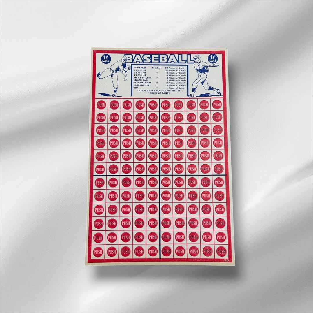 1930’s Baseball 1 Cent Punch Board Gambling Card, Candy Payouts ...