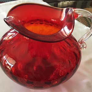 Gorgeous Hand Blown Red Glass Pouring Pitcher W/clear Glass Handle - Etsy