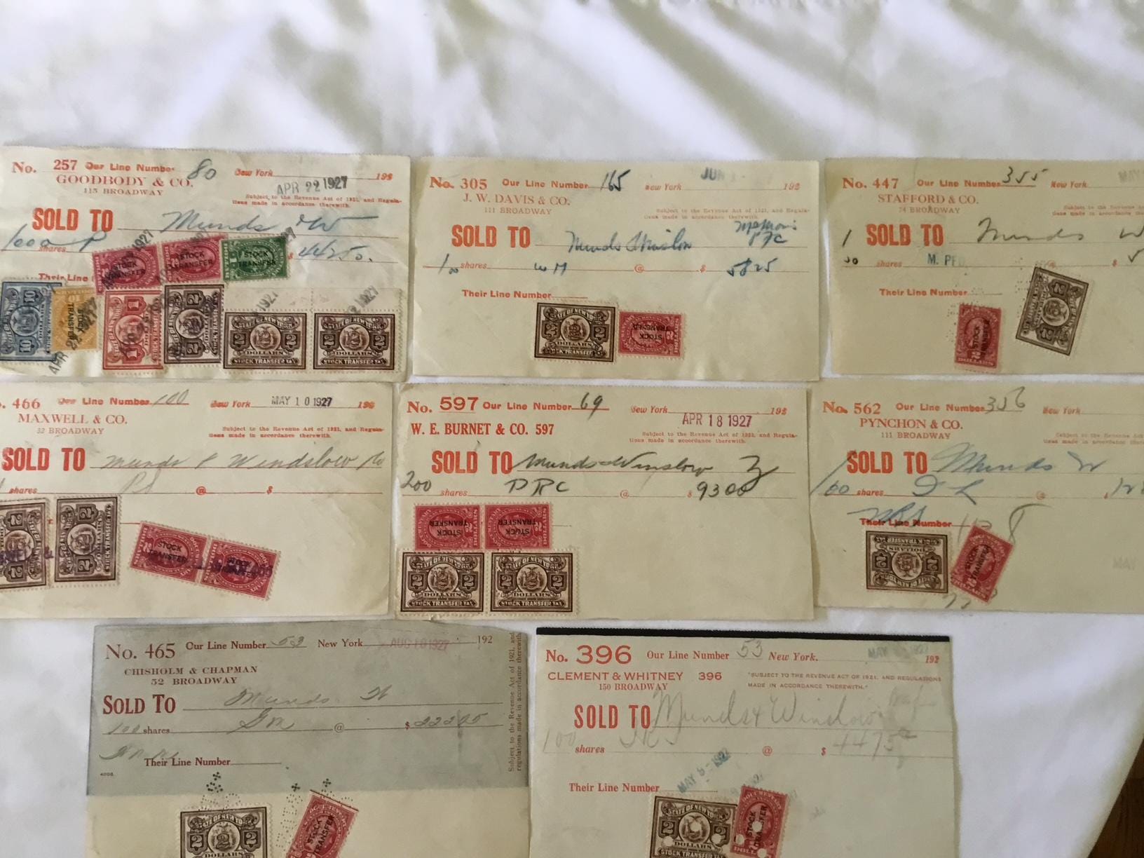 Group of Stock Transfer Revenue Stamps on Receipts From 1927, New York ...