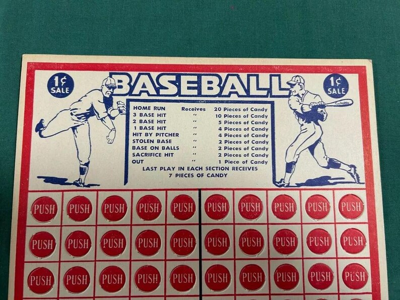 1930’s Baseball 1 Cent Punch Board Gambling Card, Candy Payouts ...