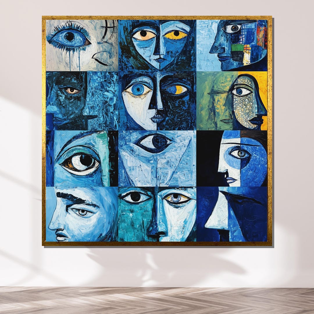 Blue Cubist Faces Collage, Picasso-inspired Abstract Portraits ...