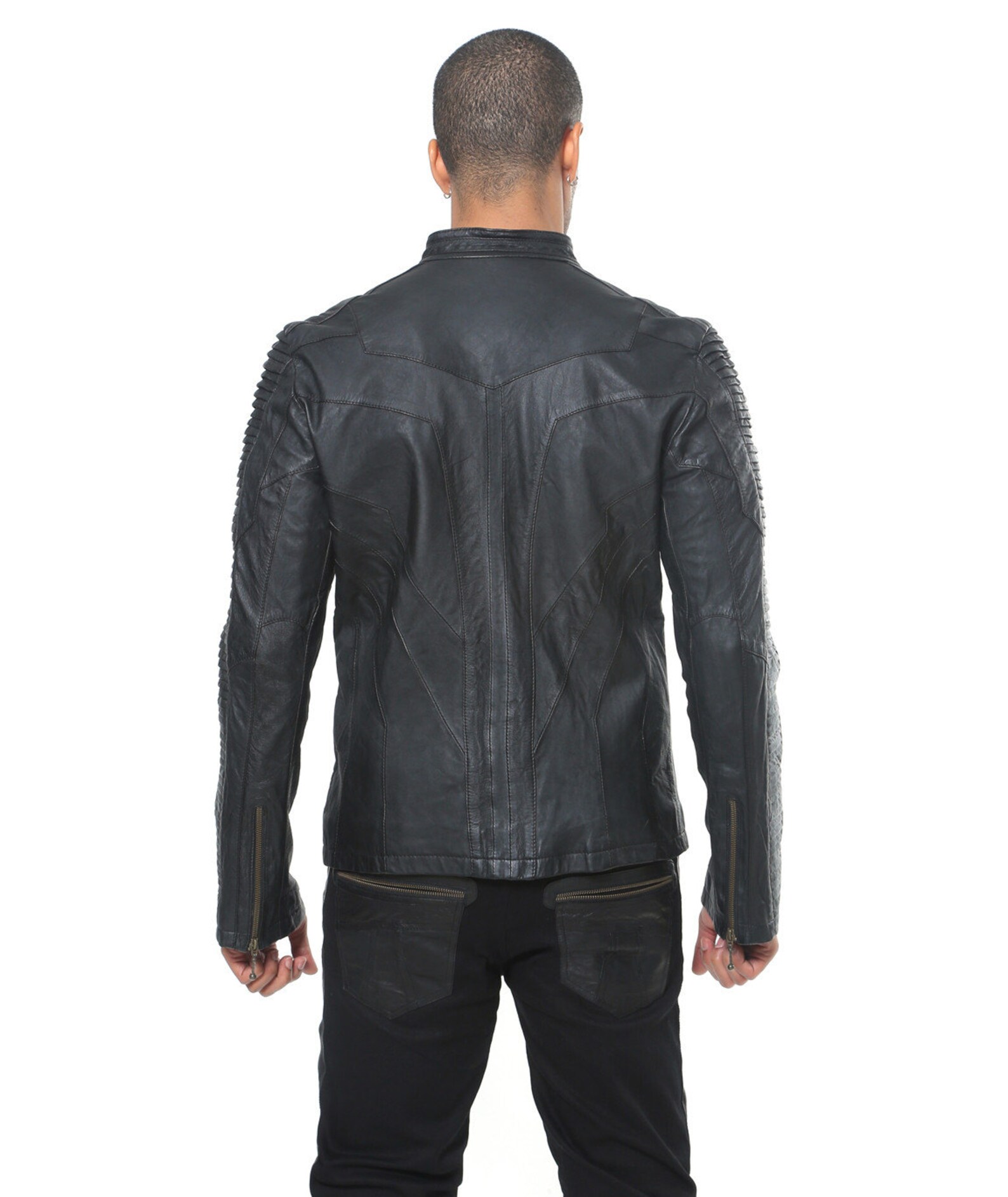 RIBBED Mens Leather Jacket Black Motorcycle Jacket Men's Moto Jacket ...