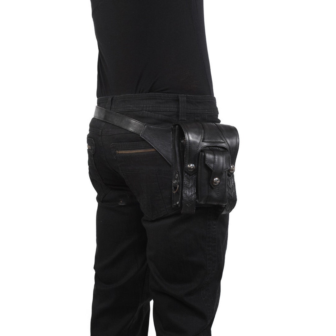 Black Leather Hip Bag: Buckled Utility Belt, Brass Details - DOUBLE ...