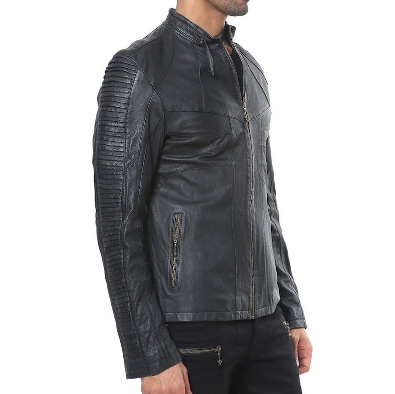 RIBBED Mens Leather Jacket Black Motorcycle Jacket Men's Moto Jacket ...