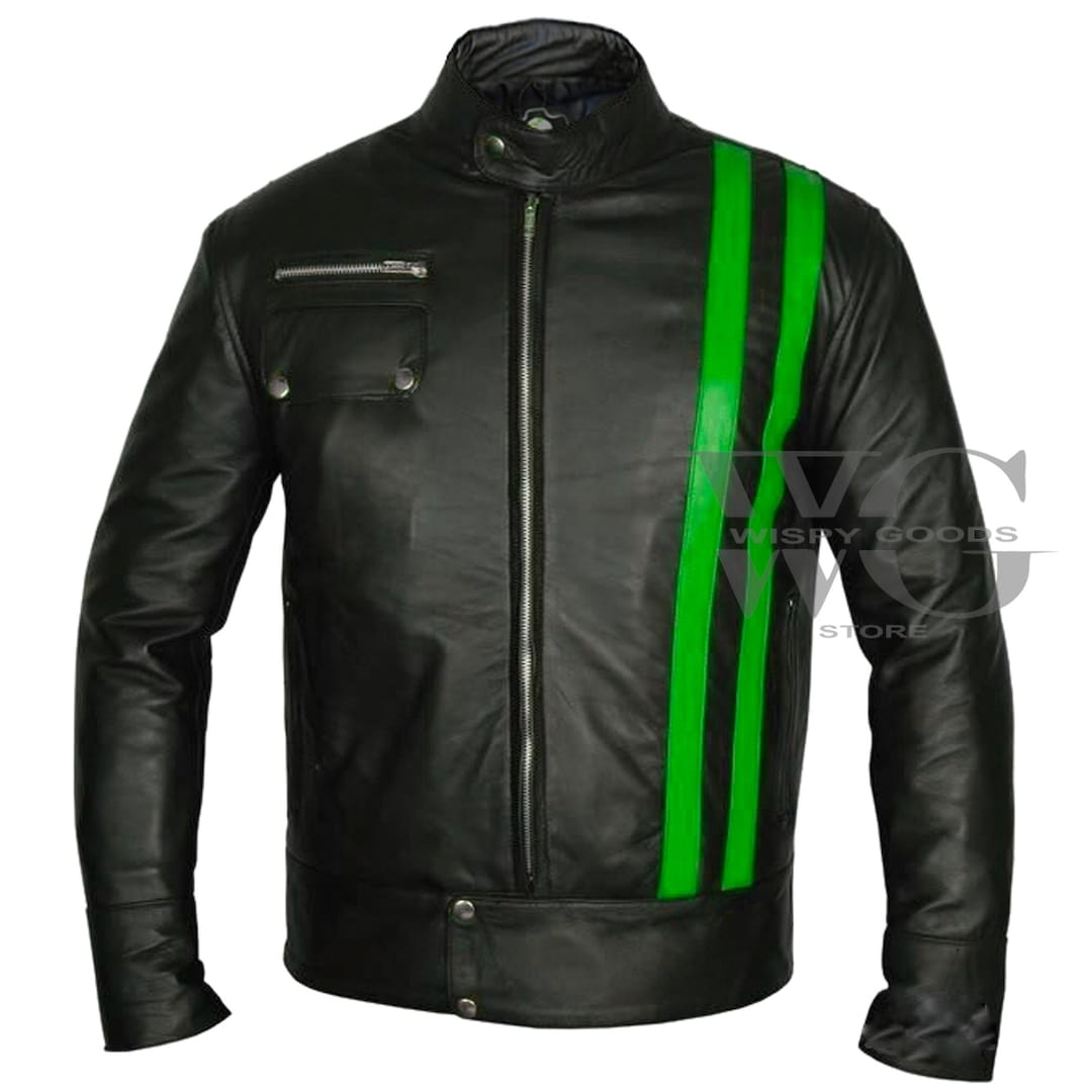 Men's Black Leather Biker Jacket: Green Stripe Motorcycle Jacket - Etsy