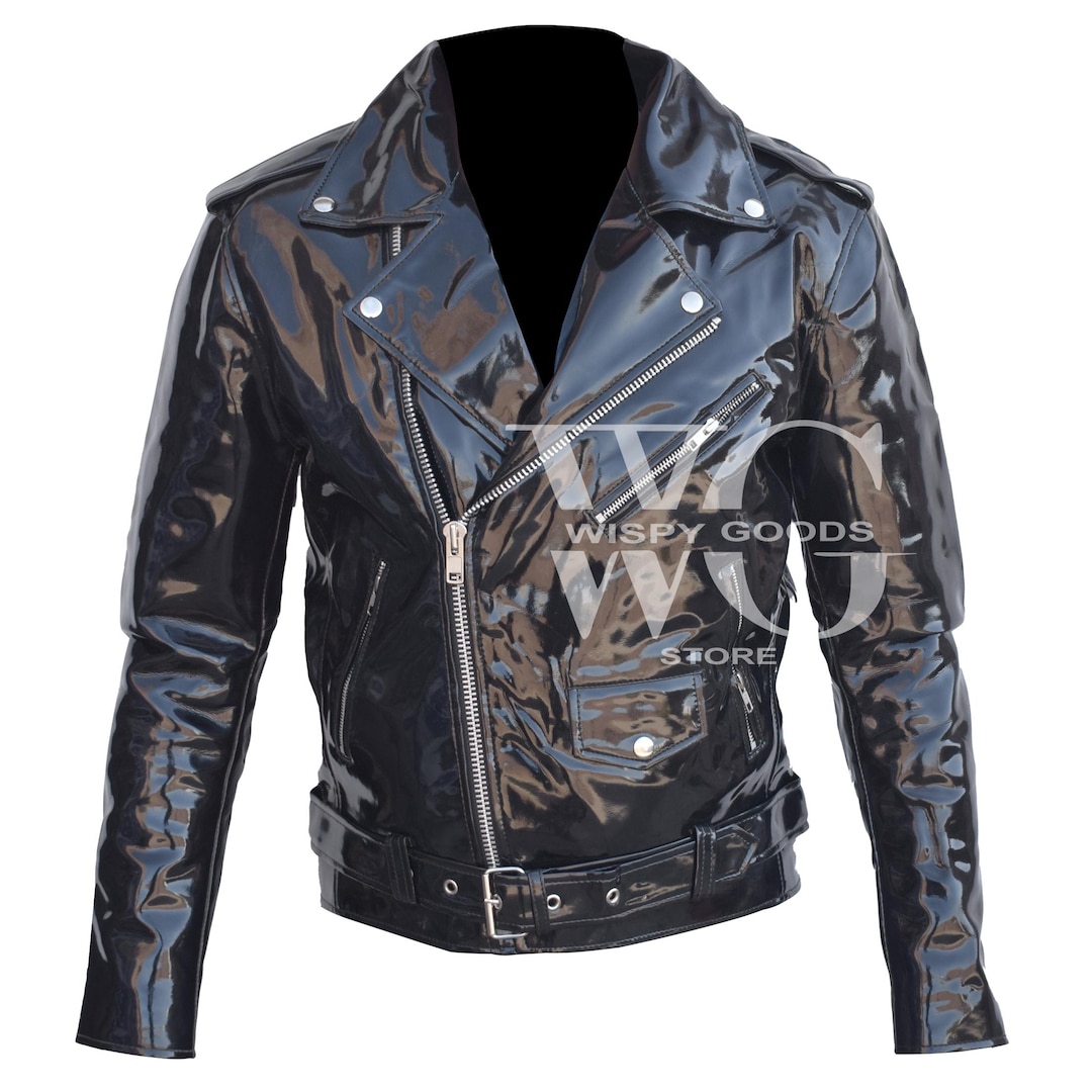 Men's Glossy Black PVC Biker Jacket: Gothic Punk Brando Style - Etsy