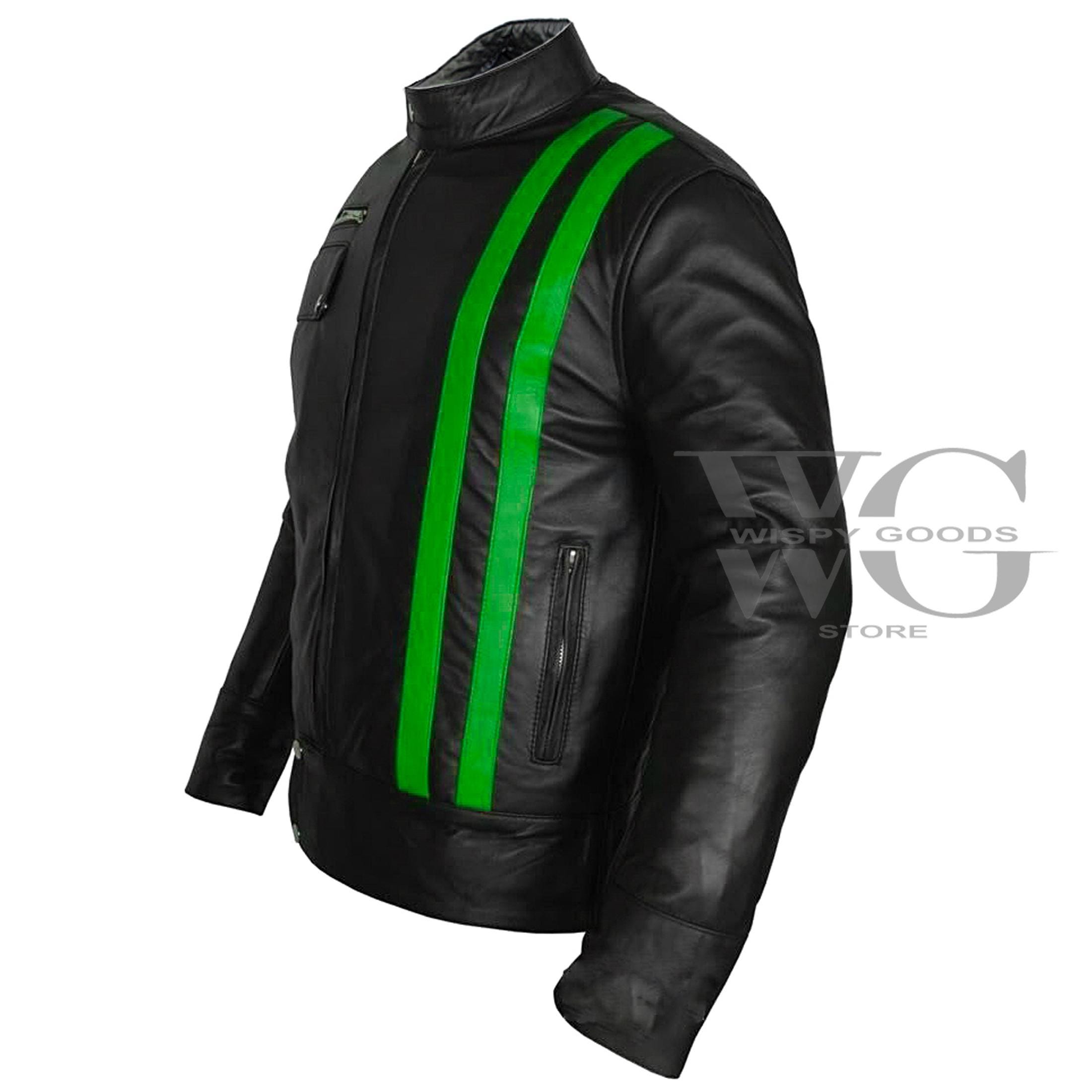 Men's Black Leather Biker Jacket: Green Stripe Motorcycle Jacket - Etsy