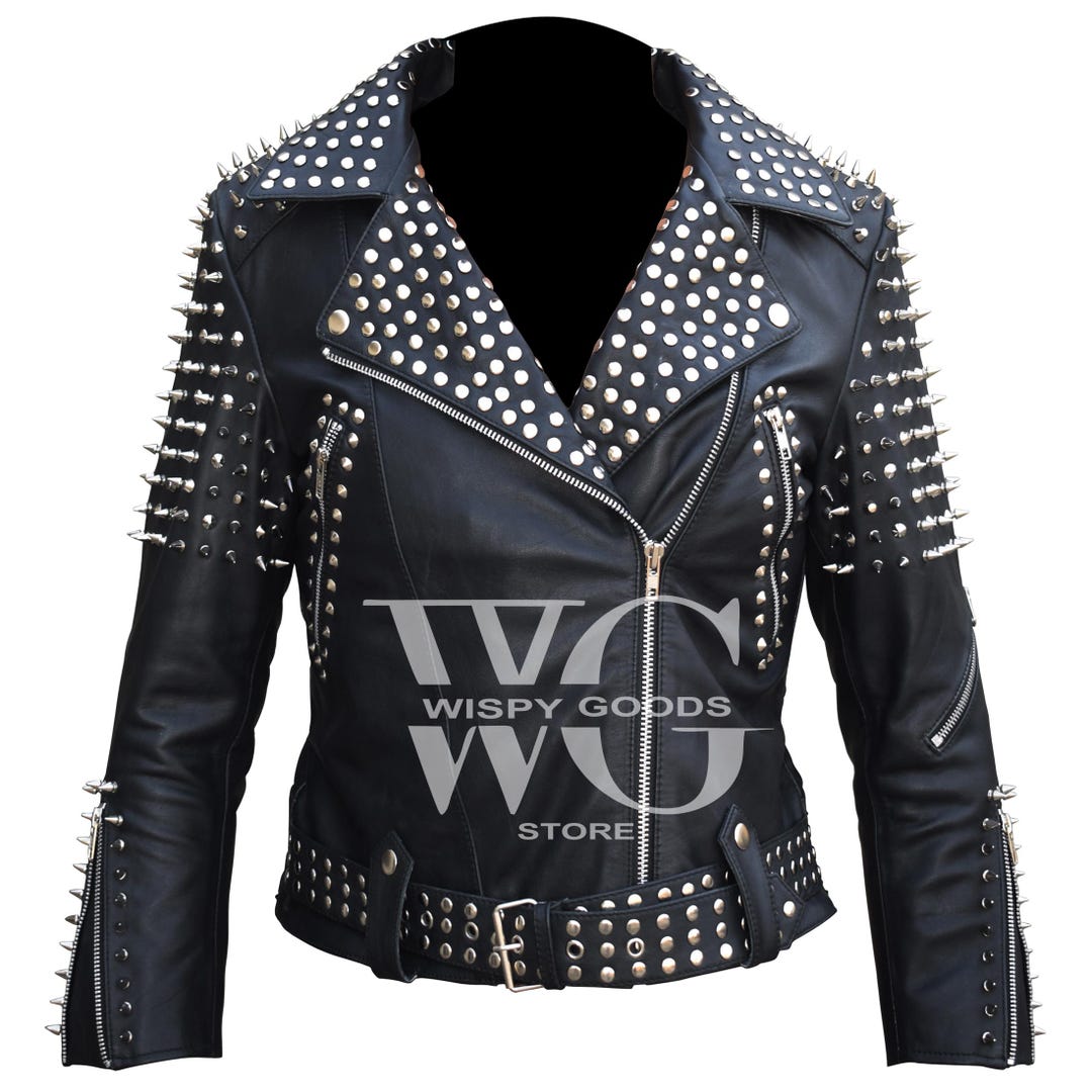 Punk Spiked Studded Real Leather Motorcycle Jacket - Brando Style - Etsy