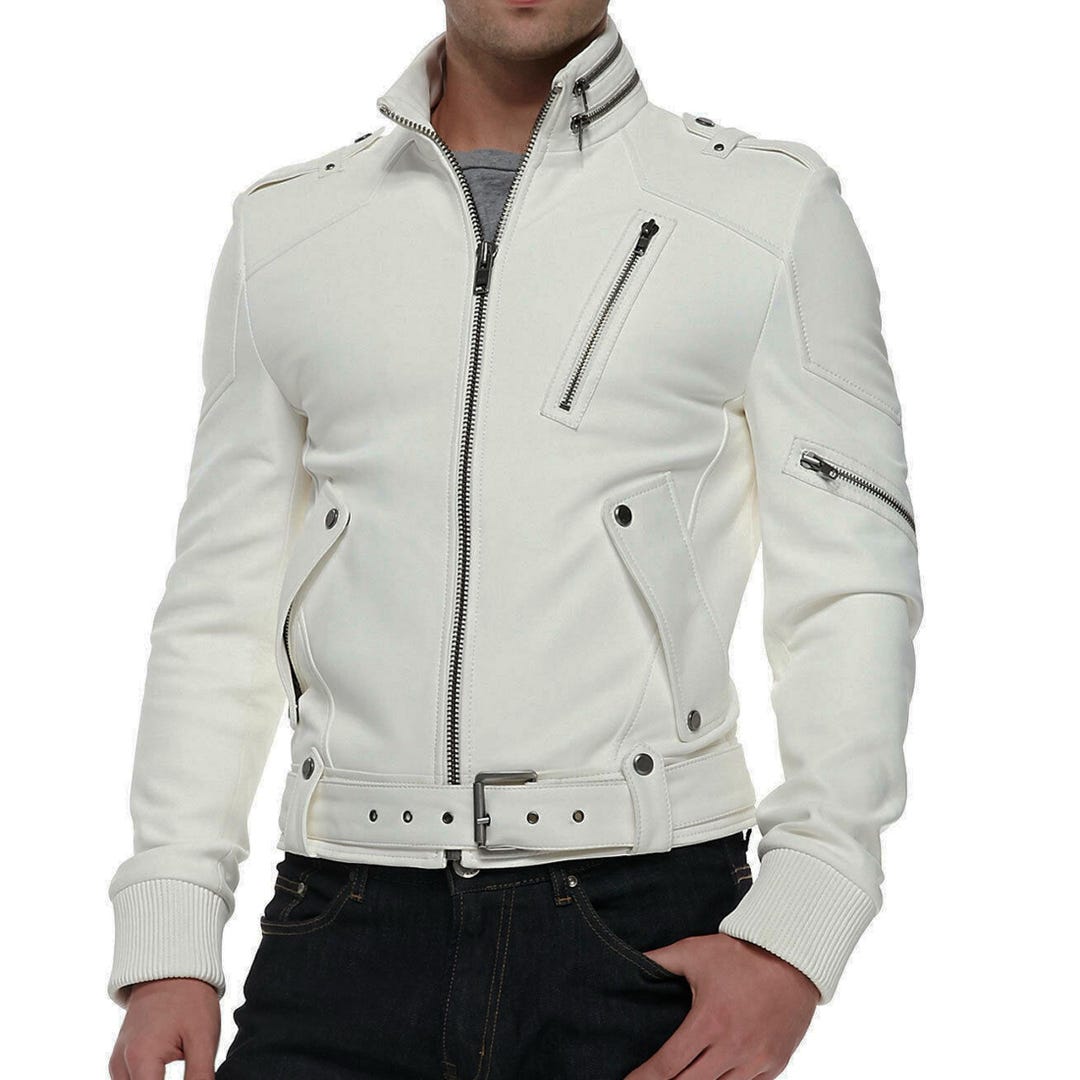 Men’s White Genuine Leather Biker Jacket – Zipper Detail, Ribbed Knit ...