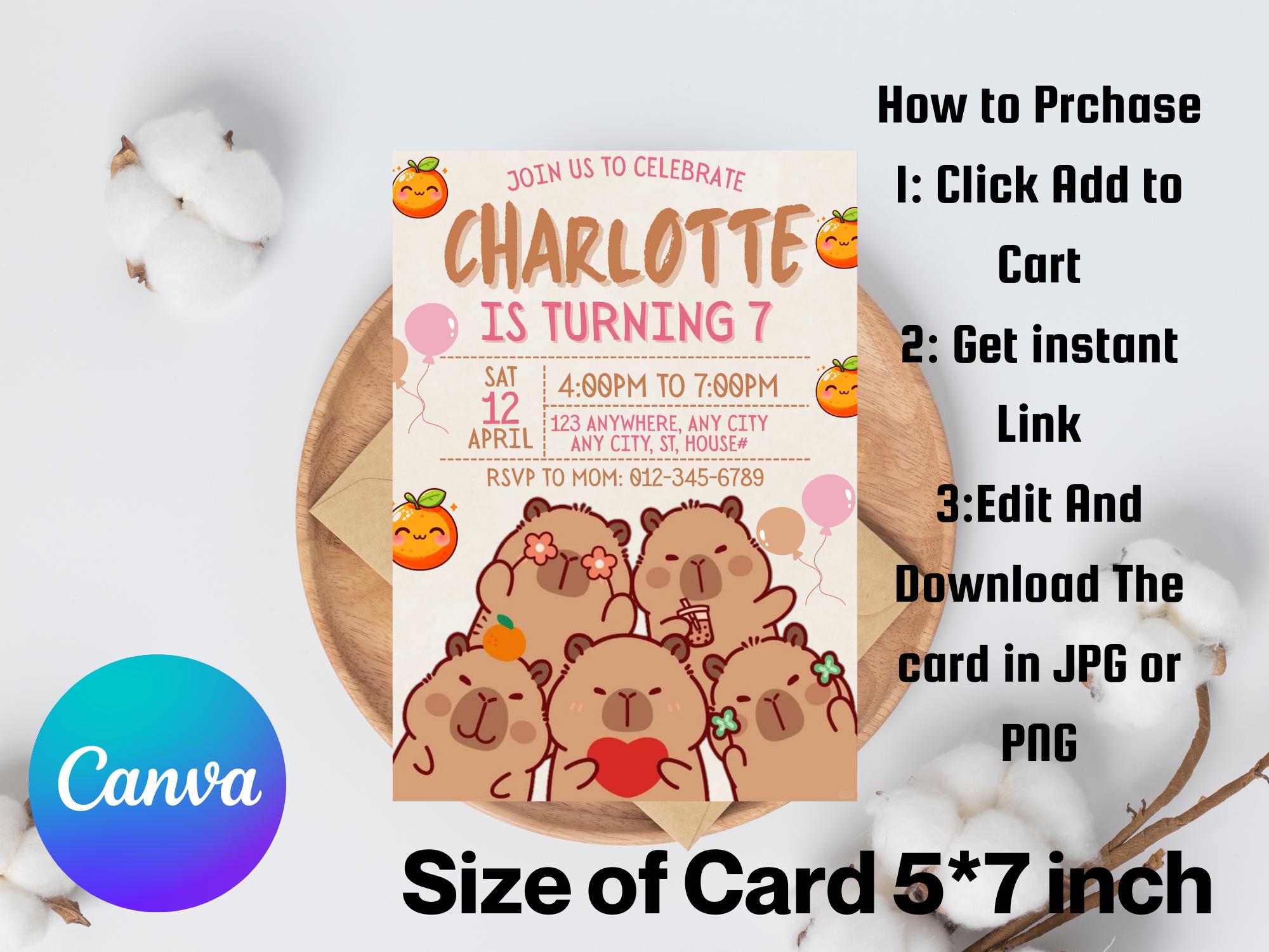 Capybara Birthday Invitation, Cute Pink Capy Birthday, Preppy Smile ...