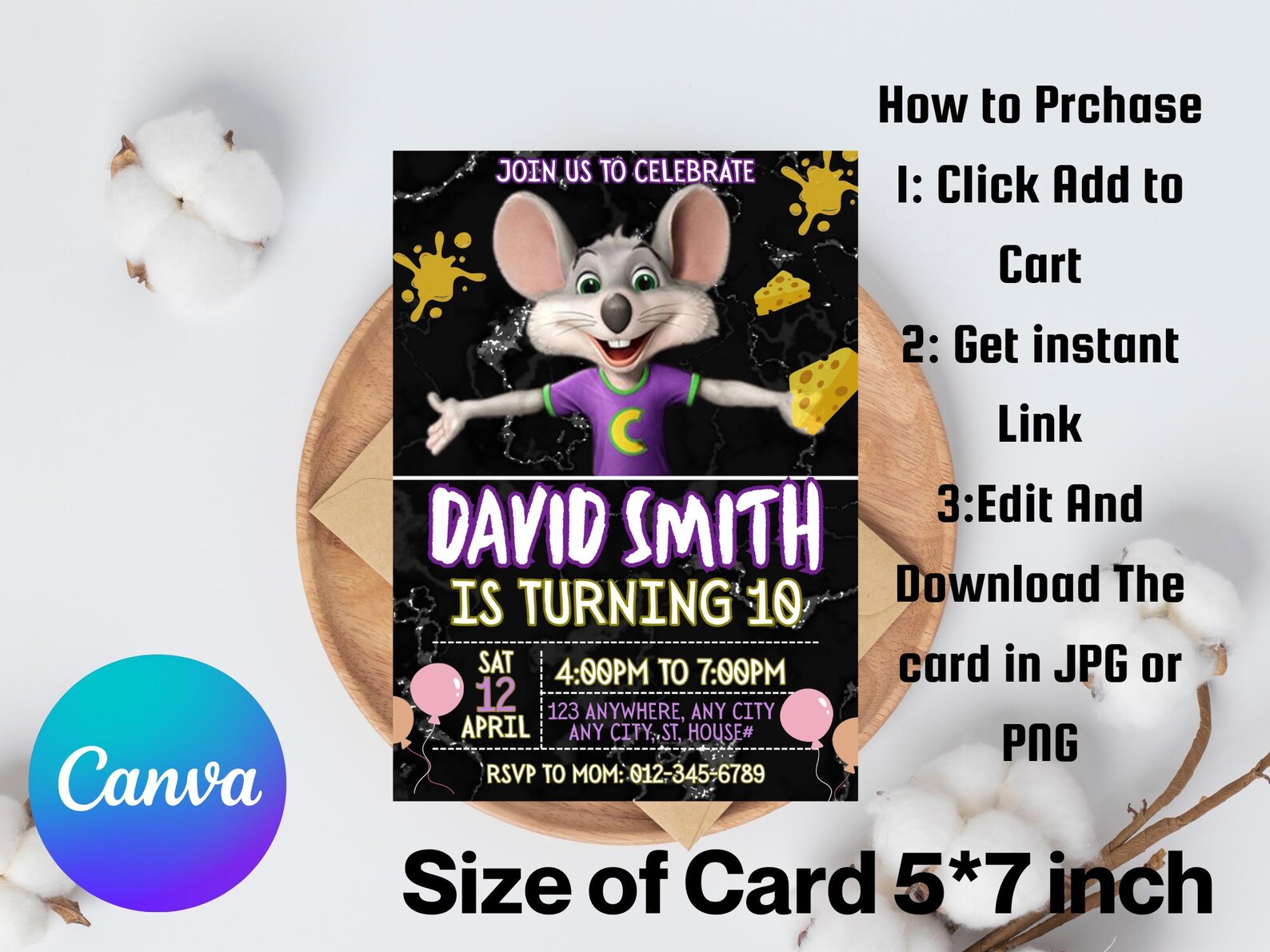 Editable Chuck E Cheese Birthday Invitation Template | Chuck Evite ...