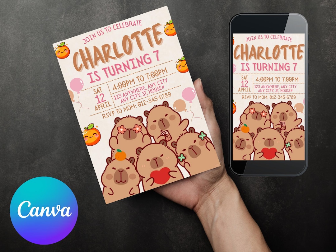 Capybara Birthday Invitation, Pink Teen Party, Editable Template (PDF ...