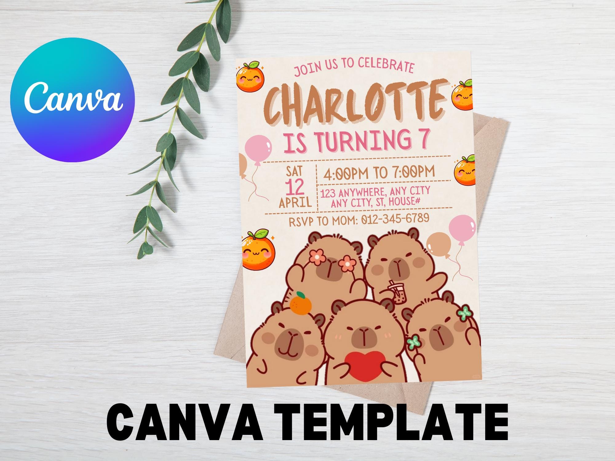 Capybara Birthday Invitation, Cute Pink Capy Birthday, Preppy Smile ...