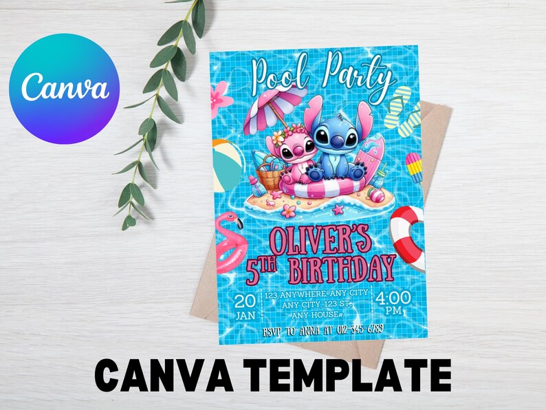 Editable Stitch Pool Party Birthday Invitation,stitch Beach Party ...