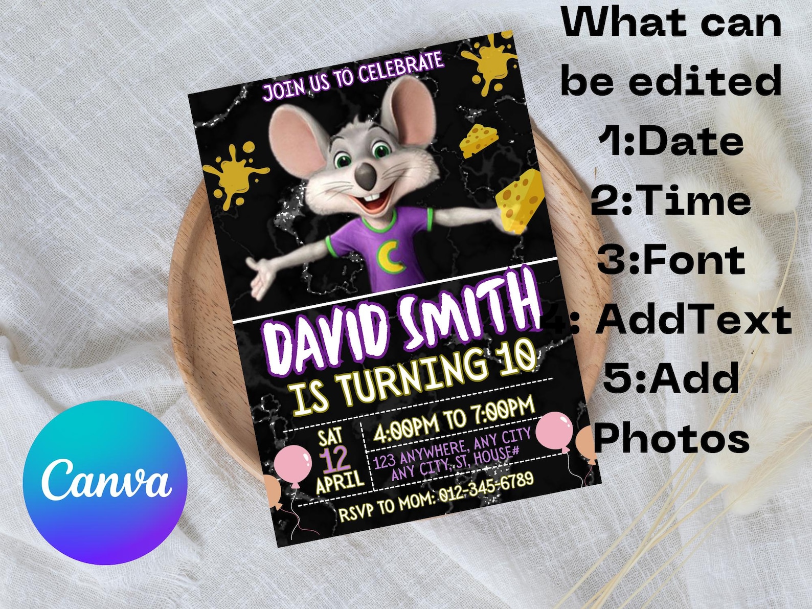 Editable Chuck E Cheese Birthday Invitation Template | Chuck Evite ...