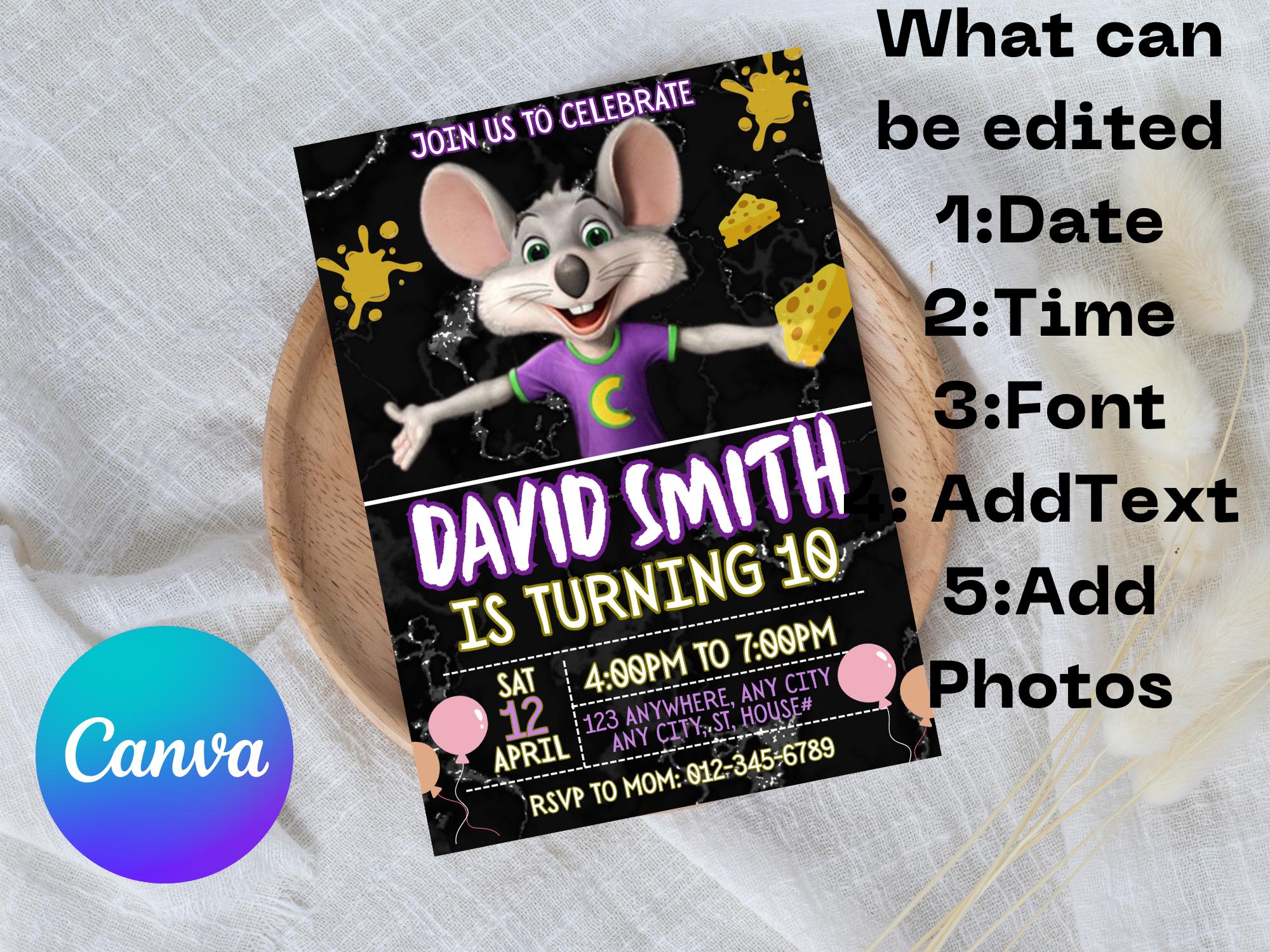 Editable Chuck E Cheese Birthday Invitation Template | Chuck Evite ...