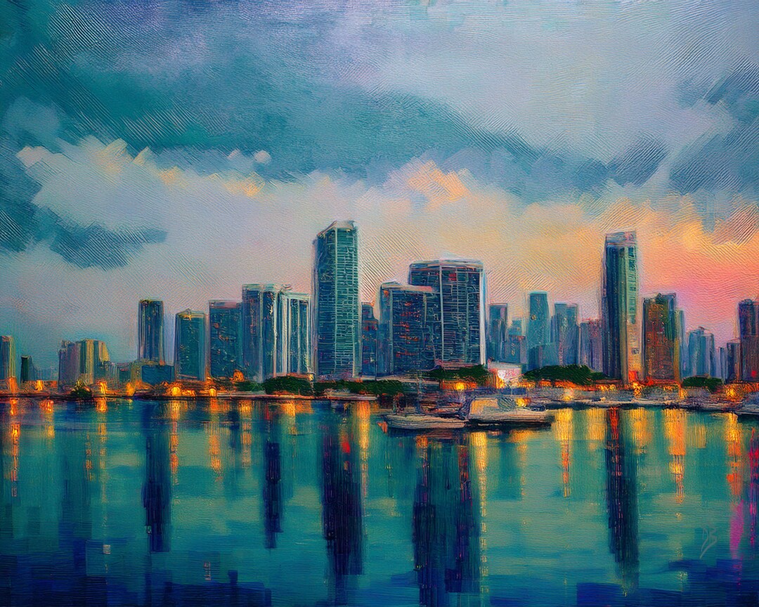 Miami Skyline and Marina Print: Tropical Florida - Vibrant Wall Decor ...